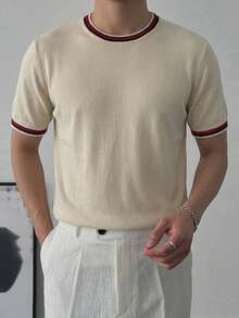 DAZY Men's Knit Top With Round Neck, Contrast Color Collar And Apricot ...