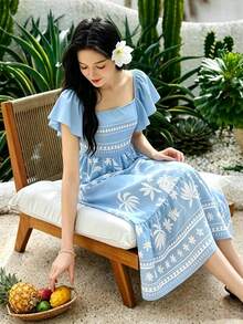 Modelyn Women's Blue Digital Print Flare Sleeve Square Neck Oversized ...