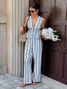 Serisse Women's 2pcs Set Deep V-Neck Sleeveless Lace-Up Striped Top ...