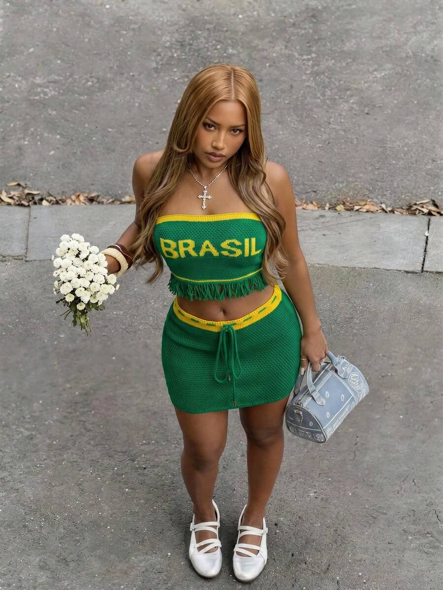 Gowayae Gowayae Women's Green And Yellow Tube Top Knit Blouse For ...