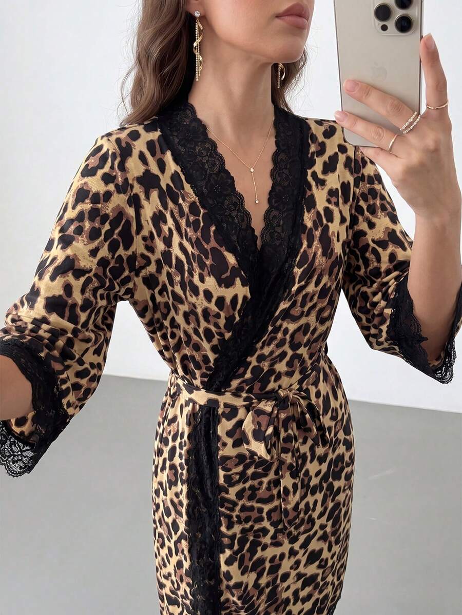 Rafferiza Leopard Print Contrast Lace V-Neck Women's Robe, Fall, Winter ...