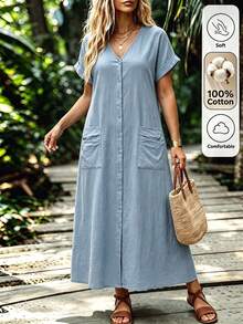Linhara CURVE Plus Size Women's Cotton Linen Fitted Pocket Dress | SHEIN UK