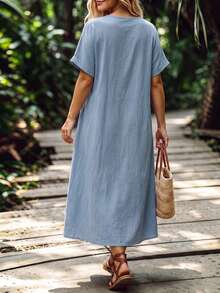 Linhara CURVE Plus Size Women's Cotton Linen Fitted Pocket Dress | SHEIN UK