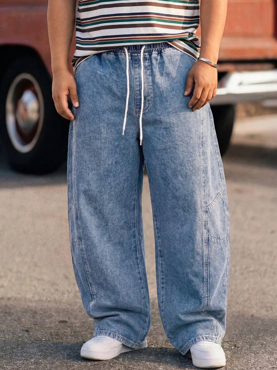 Athstrex Plus Size Men Blue Casual Loose Woven Long Denim Jeans for ...