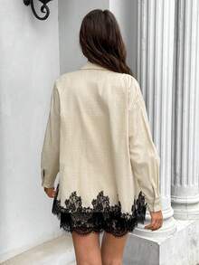 Serisse Women's Solid Color Single-Breasted Long Sleeve Top And Lace ...
