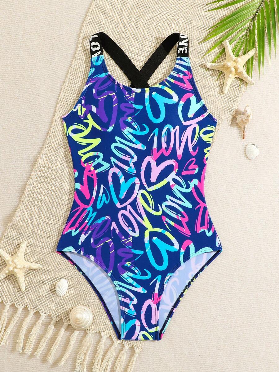 SHEIN Tween Girl Letter Heart Print One-Piece Swimsuit, Suitable For ...