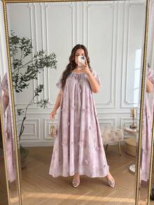 Al Najma Women's Round Neck Lantern Short Sleeve Chiffon Floral Print ...