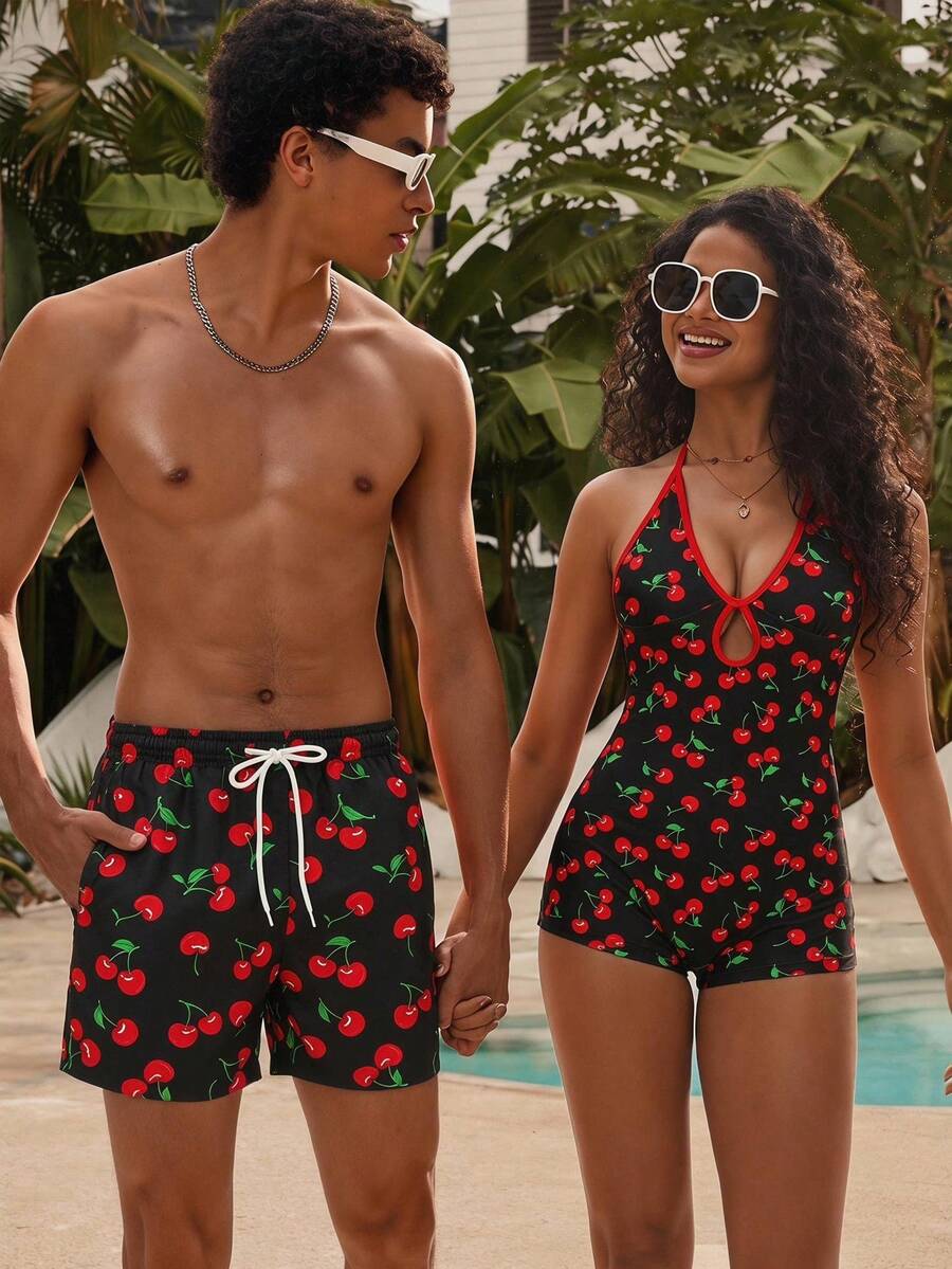 Azuldrift Men's Beach Summer Cherry Print Drawstring Shorts Holiday ...