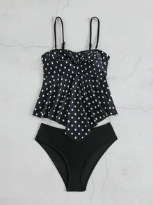 Swim Lushoire Women's Summer Beach Polka Dot Ruffle Tankini Top And ...