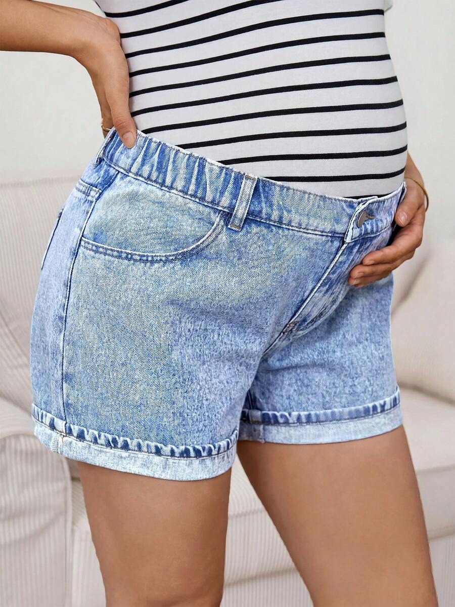 SHEIN Shorts Denim de Maternidade com Bolso e Botão, Casual Versátil ...