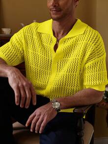 RivetRise Men's Solid Color Short Sleeve Single-Breasted Hollow Knit ...
