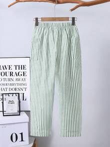 SHEIN 1pc Kids Tween Boy Green & White Pinstripe Elastic Waist Side ...