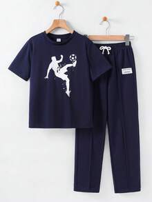 SHEIN Kids Tween Boy Casual Preppy Sports Pattern Royal Blue Crew Neck ...
