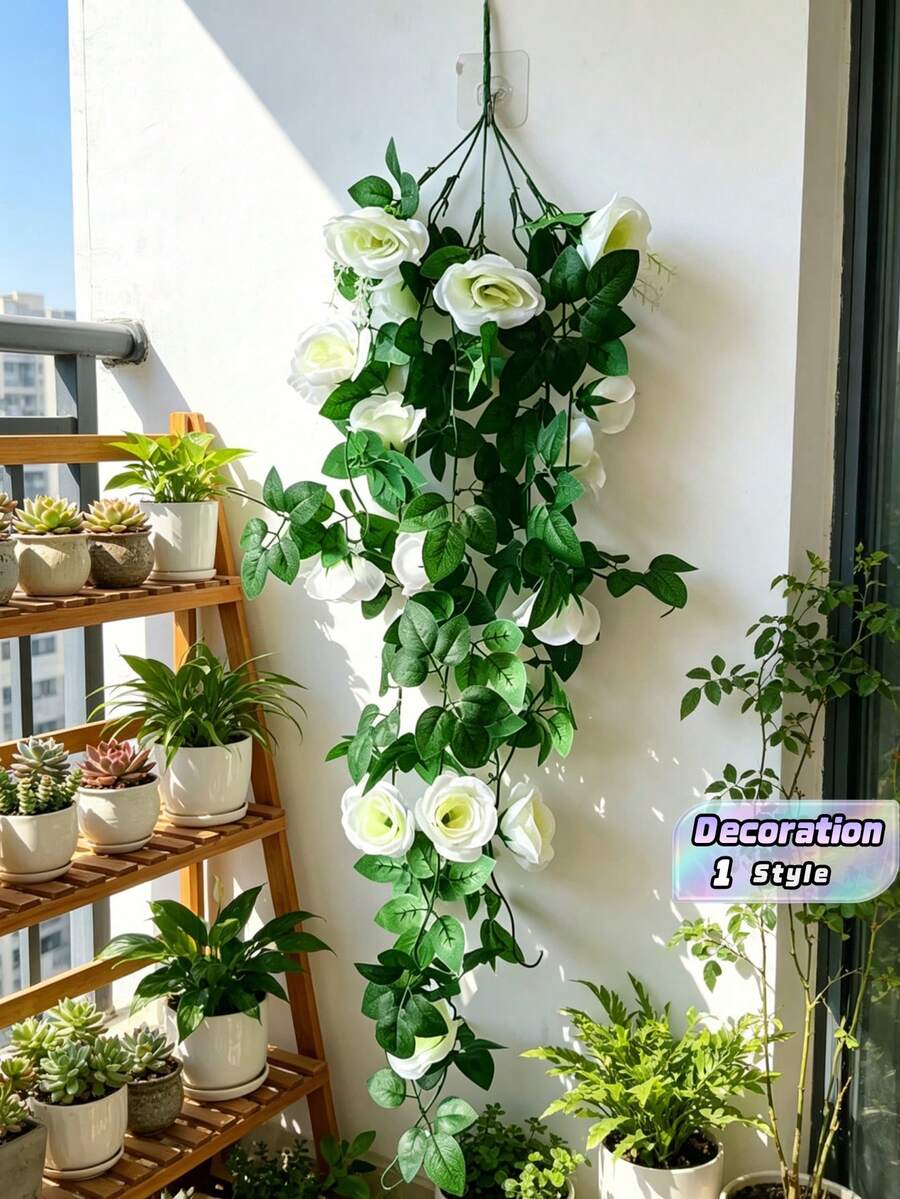 2Pcs Premium Large Artificial White Rose Vines Elegant Plastic Floral ...