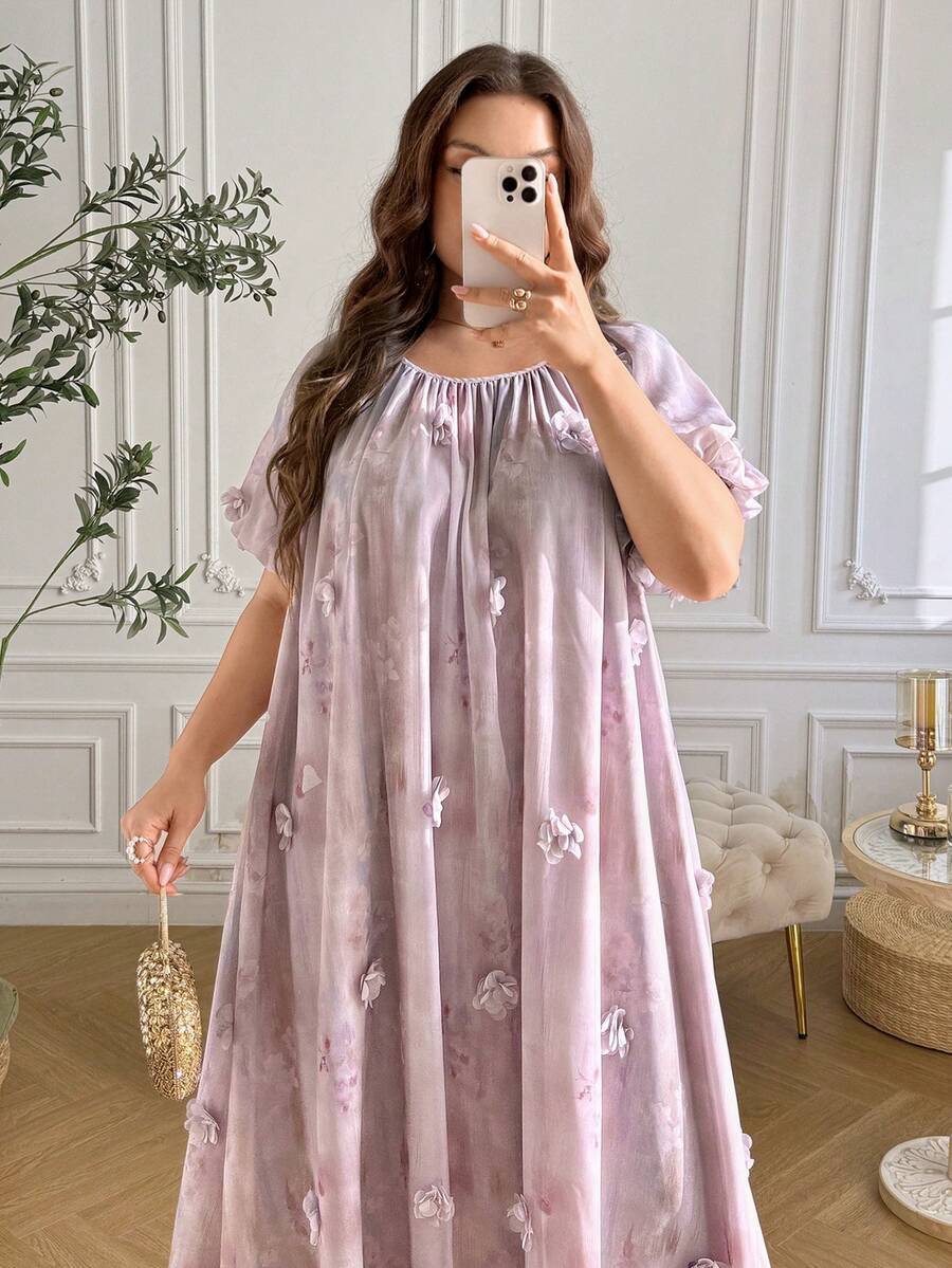 Al Najma Women's Round Neck Lantern Short Sleeve Chiffon Floral Print ...