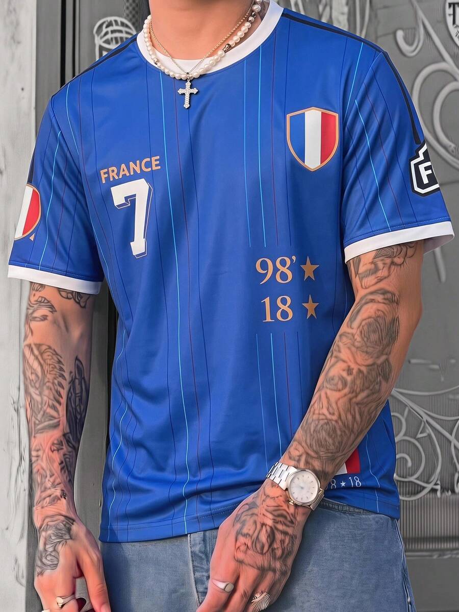HIMLAND Men's Round Neck France National Team Short Sleeve T-Shirt for ...