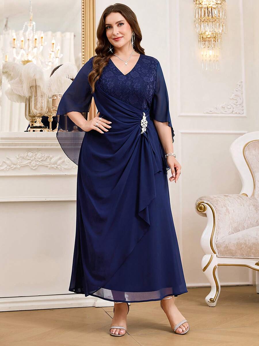 Reflora Plus Size Women Solid Color Lace Mesh Ruffle Hem Dress for Sale ...