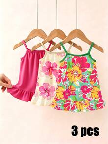 3pcs/Set Baby Girl Fresh Vibrant Floral Print Basic Camisole Ruffle Hem ...