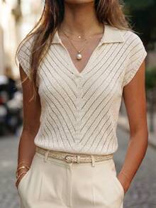 SHEIN Women's Cream Hollow Polo Collar Long Sleeve Fashion Versatile ...