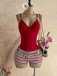Soleia Vacation Beach Solid Color Camisole One-Piece Swimsuit Striped ...