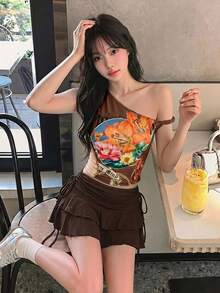 SHEIN MOD Women's Asymmetric Shoulder Vintage Print Pattern Cropped Top ...