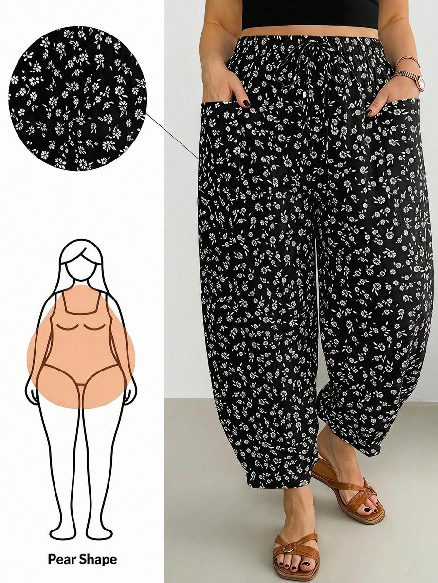 Shapeblank Plus Size Women's Simple Ditsy Floral Tapered Pants Vacation ...