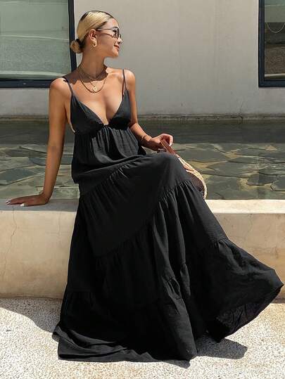 Livesso Summer Black Backless Spaghetti Strap Dress, Elegant Mid-Length ...