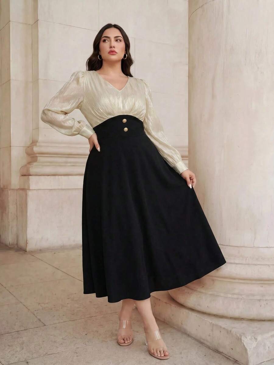 Graceveil Plus Size Color Block Long Sleeve V-Neck Button Waist Fitted ...