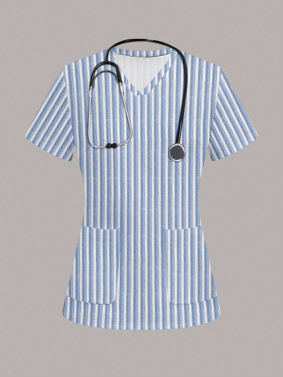 PopScrub Women's Striped Print Pattern Scrub Uniform Top, Suitable For ...