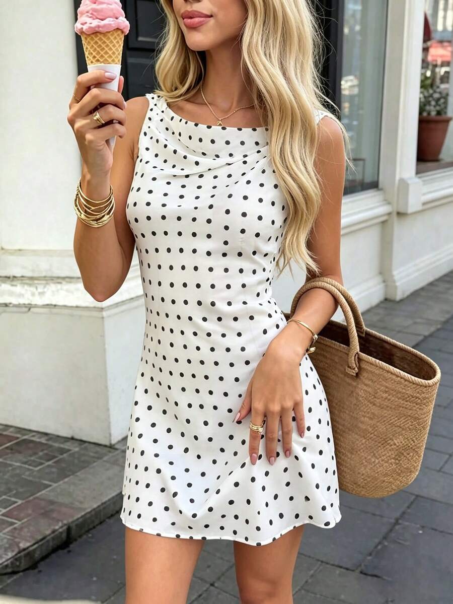 SHEIN PariChic Vintage Style Women's White Polka Dot Mini Dress, Cowl ...