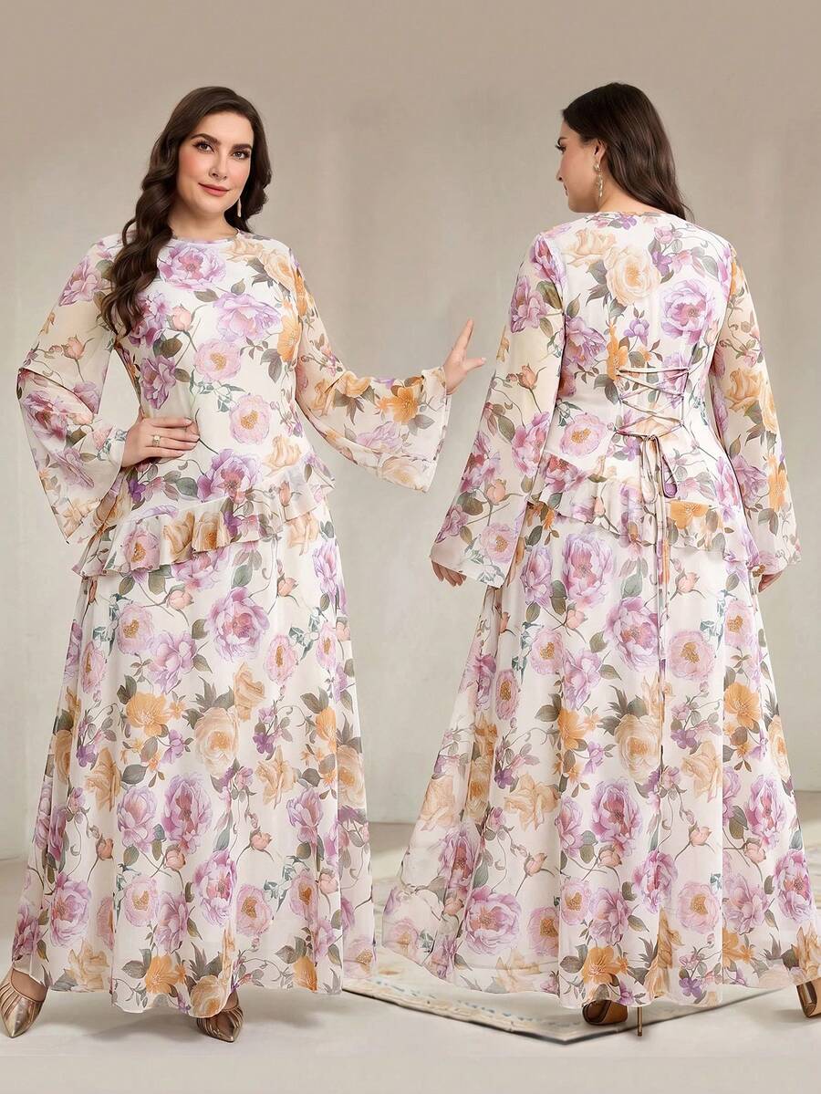 Veilorie Plus Size Women's Floral Print Round Neck Bell Sleeve ...