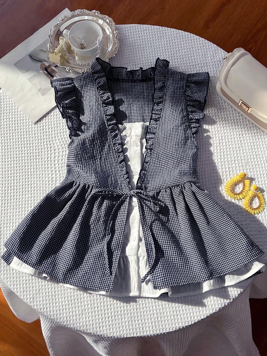 Franclia Plus Size Women's French Vintage Blue & White Striped Ruffle V ...