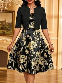 Fleurora Women's Square Neck Jacket And Floral Print Wide Shoulder ...