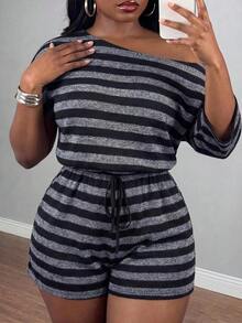 Slaydiva Plus Size Women's Striped Asymmetrical Shoulder Short Sleeve ...