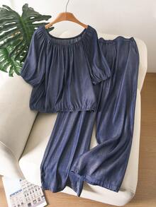CosyJoli Plus Size Women's Solid Color Round Neck Pleated Top And Long ...