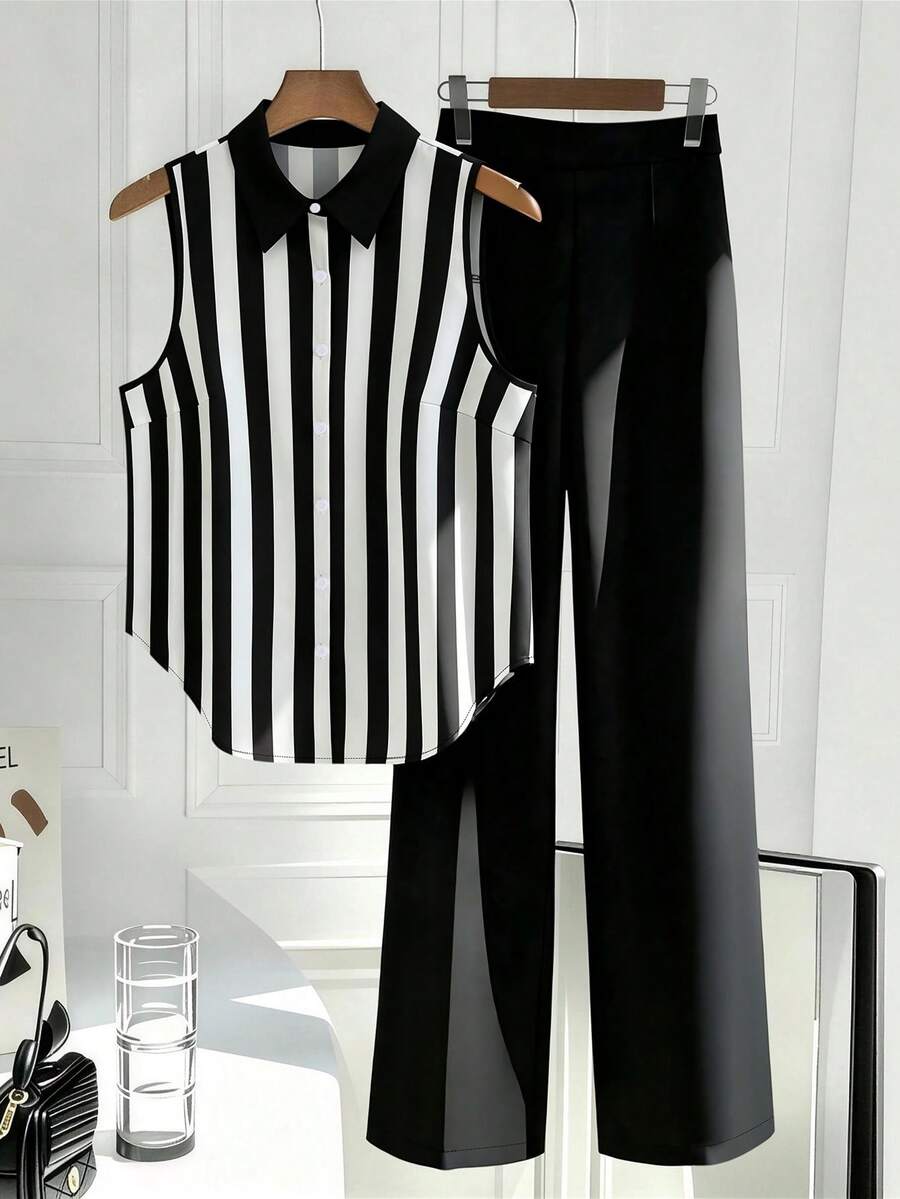 SHEIN Franclia Black And White Vertical Striped Sleeveless Shirt ...