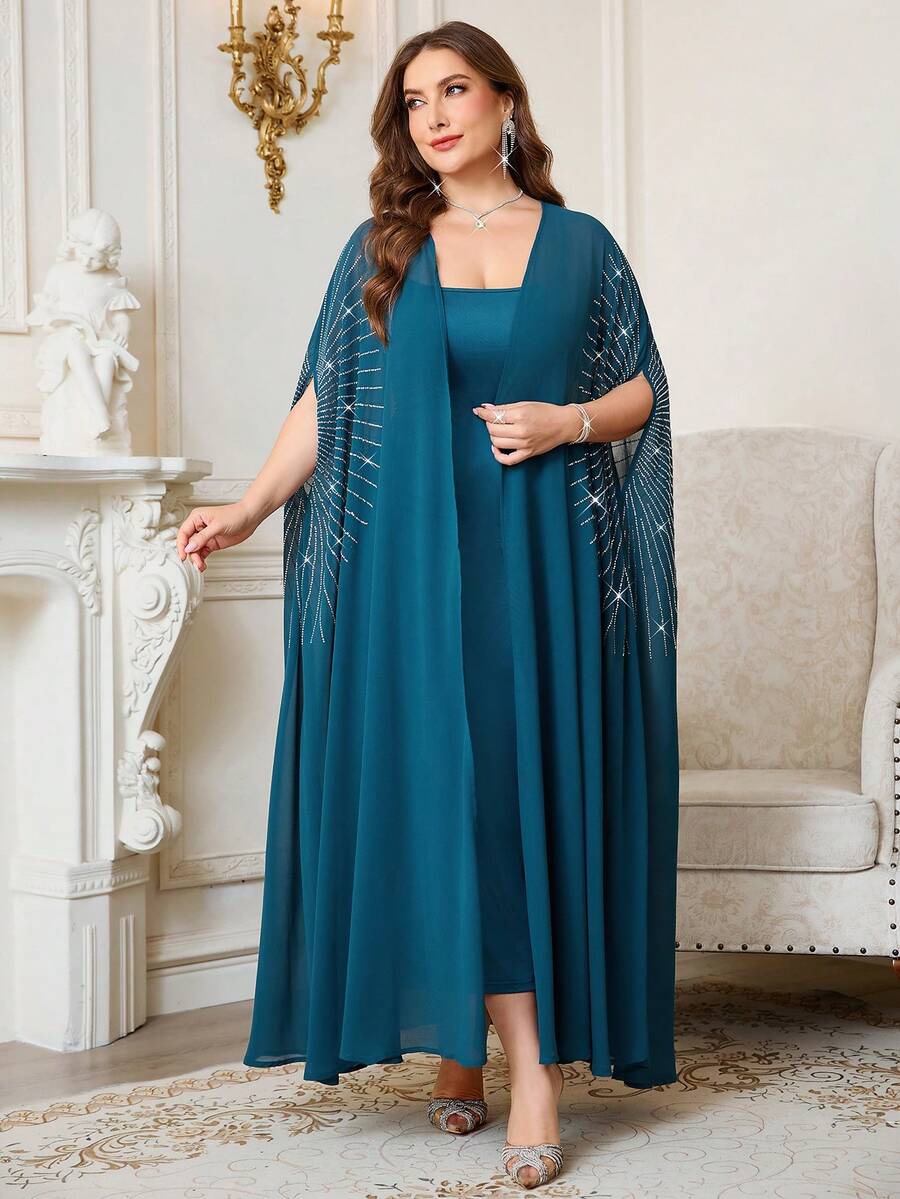Reflora Plus Size Women's Rhinestone Batwing Sleeve Outerwear And Dress ...