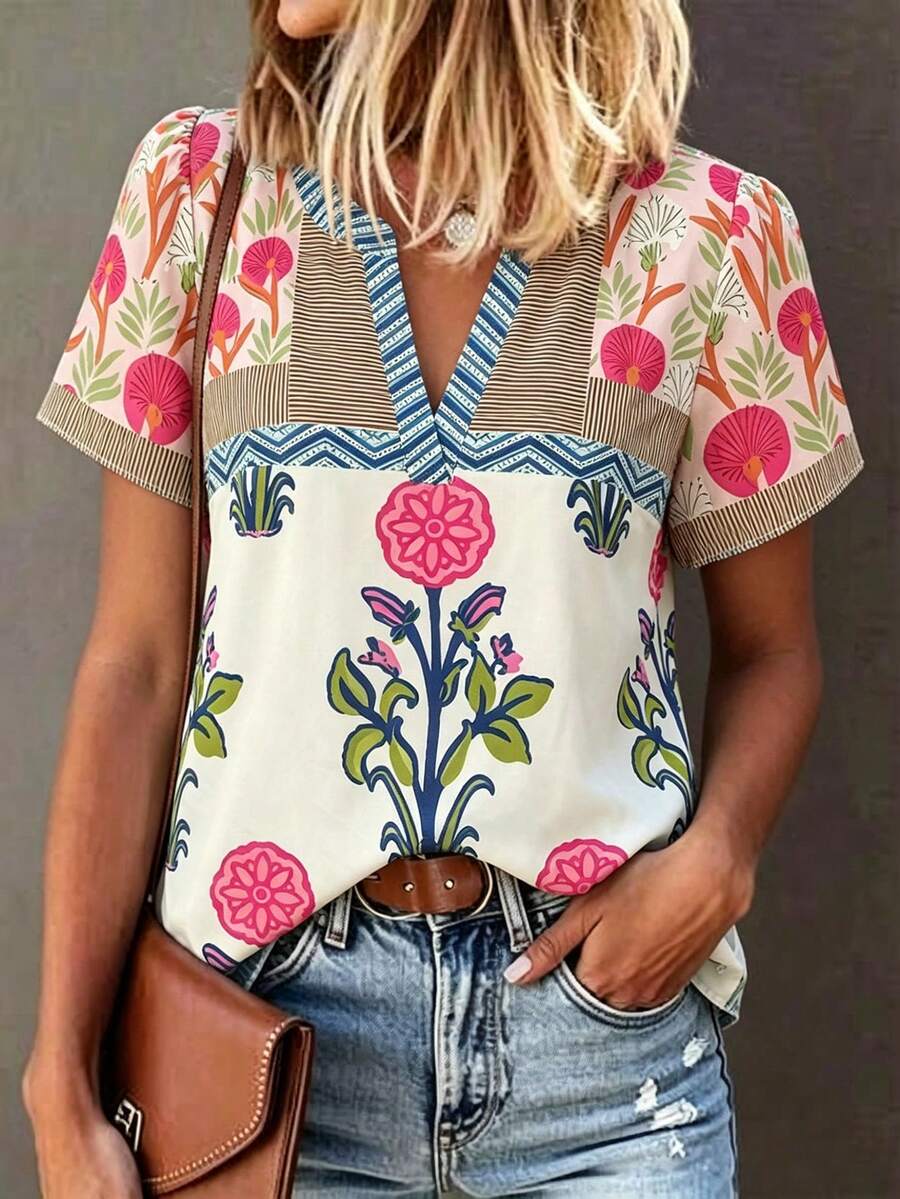 SHEIN Floral Print Decorative Multicolor Spring/Summer Women's Shirt ...