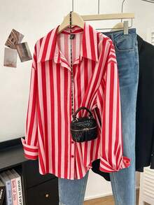 Franclia Plus Size Red & Pink Striped Casual Woven Long Sleeve Shirt ...
