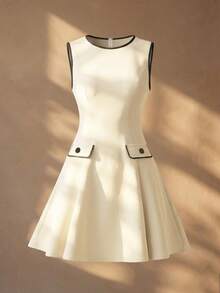 GlowEve Sleeveless Round Neck Waist Cinched A-Line Colorblock Casual ...