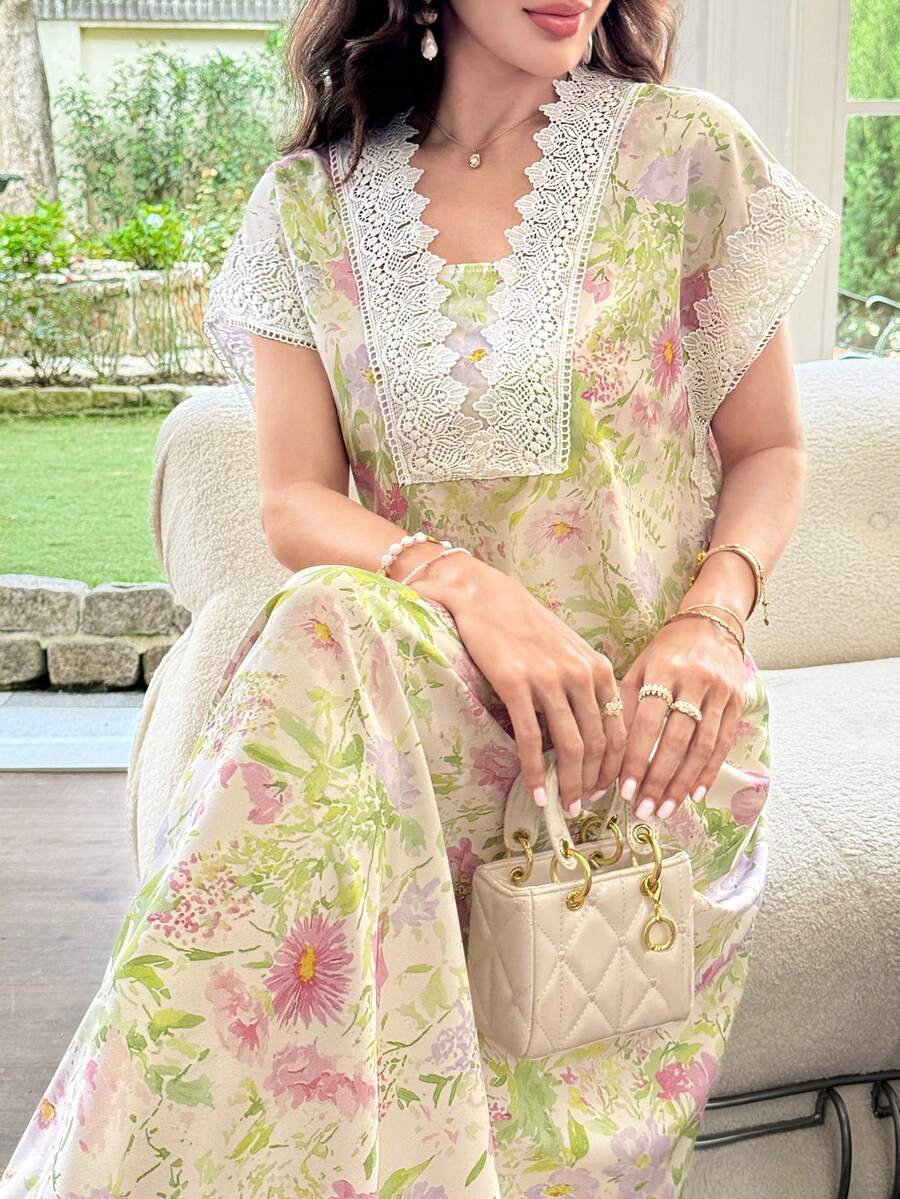 Al Najma Spring/Summer Elegant Floral Print Patchwork Lace Trim Short ...
