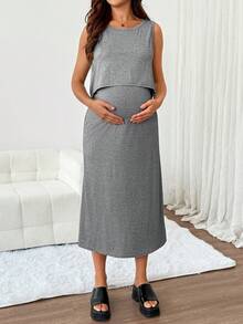 SHEIN Maternity Solid Color Nursing Function Casual Daily Outing Dress ...