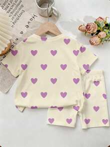 2pcs Girls Toddler Casual Set, Cartoon Girl Heart Print Crew Neck Short ...