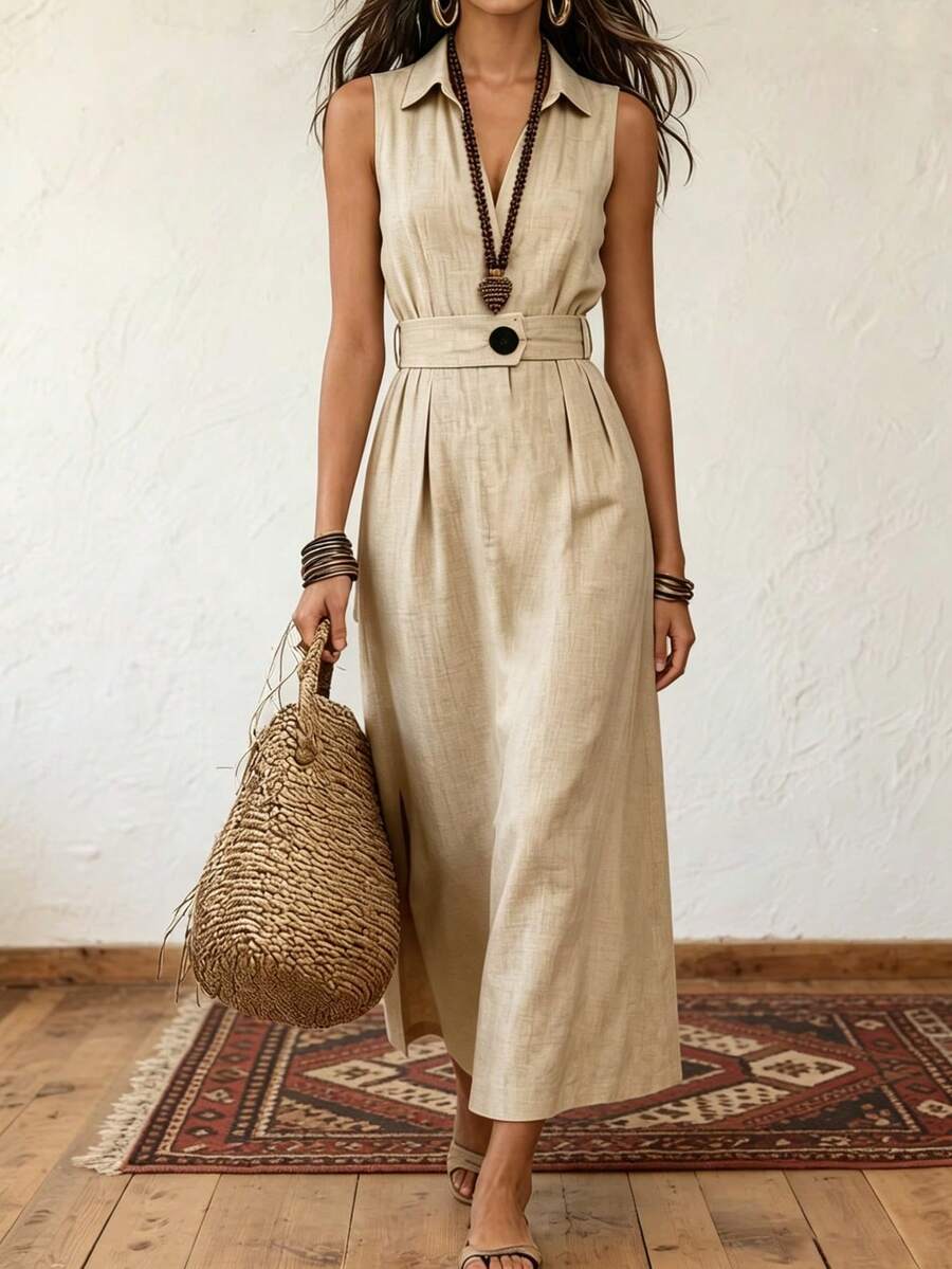 Isle Nomé Women's Apricot Sleeveless Lapel V-Neck A-Line Midi Dress ...