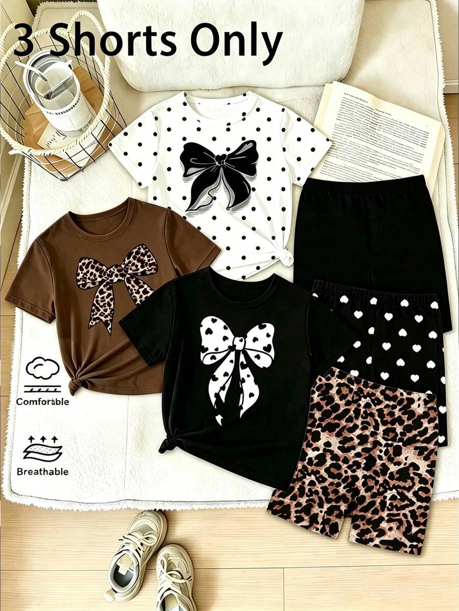 3pcs/Set Girls' Big Kids Simple Heart & Leopard Print Solid Color ...