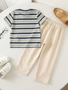 SHEIN 2pcs Kids Young Boy Casual Versatile Striped Pattern Crew Neck ...
