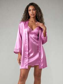 Silforma 2pcs Women Solid Color Lace Splice Cami Nightgown And Long ...