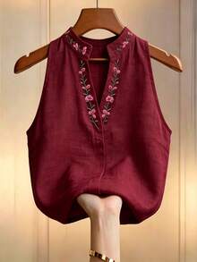 Louniche Women's Floral Embroidered Stand Collar Sleeveless Blouse ...