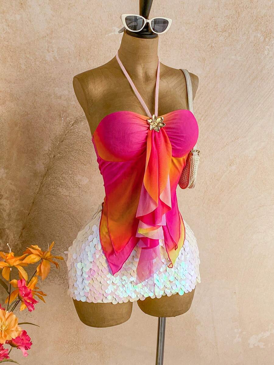 Soleia Plus Size Pink Ocean Shell Decor Asymmetrical Hem Camisole Dress ...