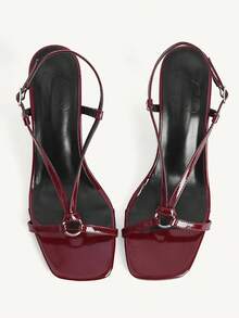 CUCCOO CHICEST Wine Red Thin Strap Crisscross Square Toe Patent Leather ...